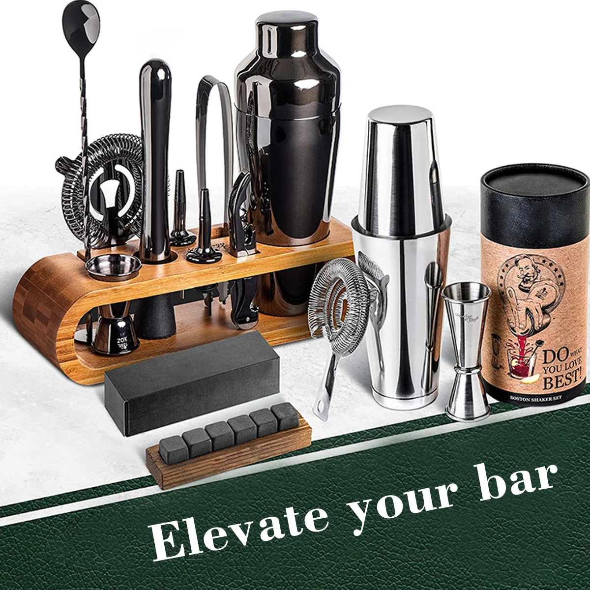 Zbpasl-10-piece Barware Tools Wooden Stand Gift Stainless Steel ...