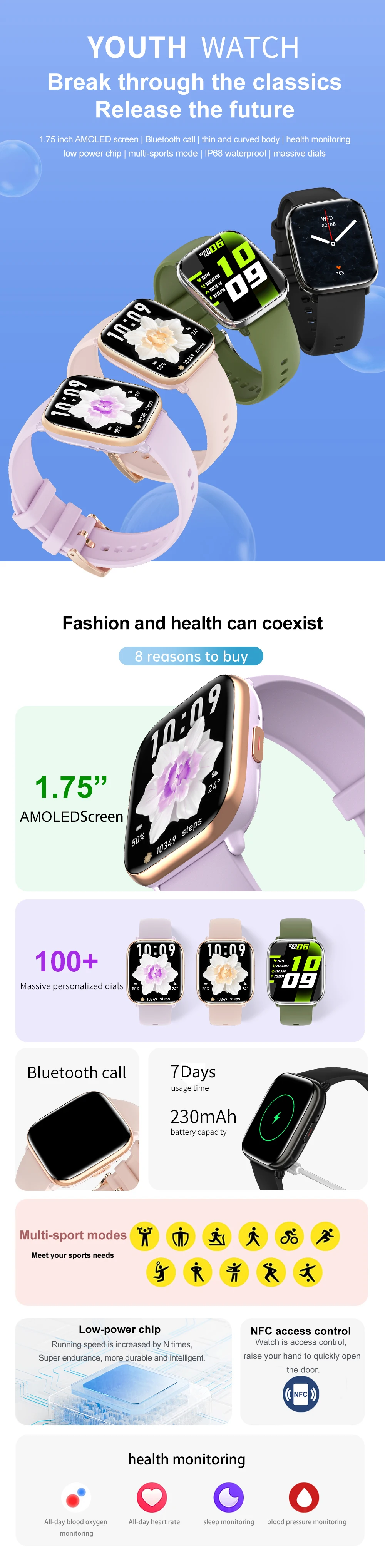 VALDUS NFC Smartwatch - Long Battery Life & Health Monitoring