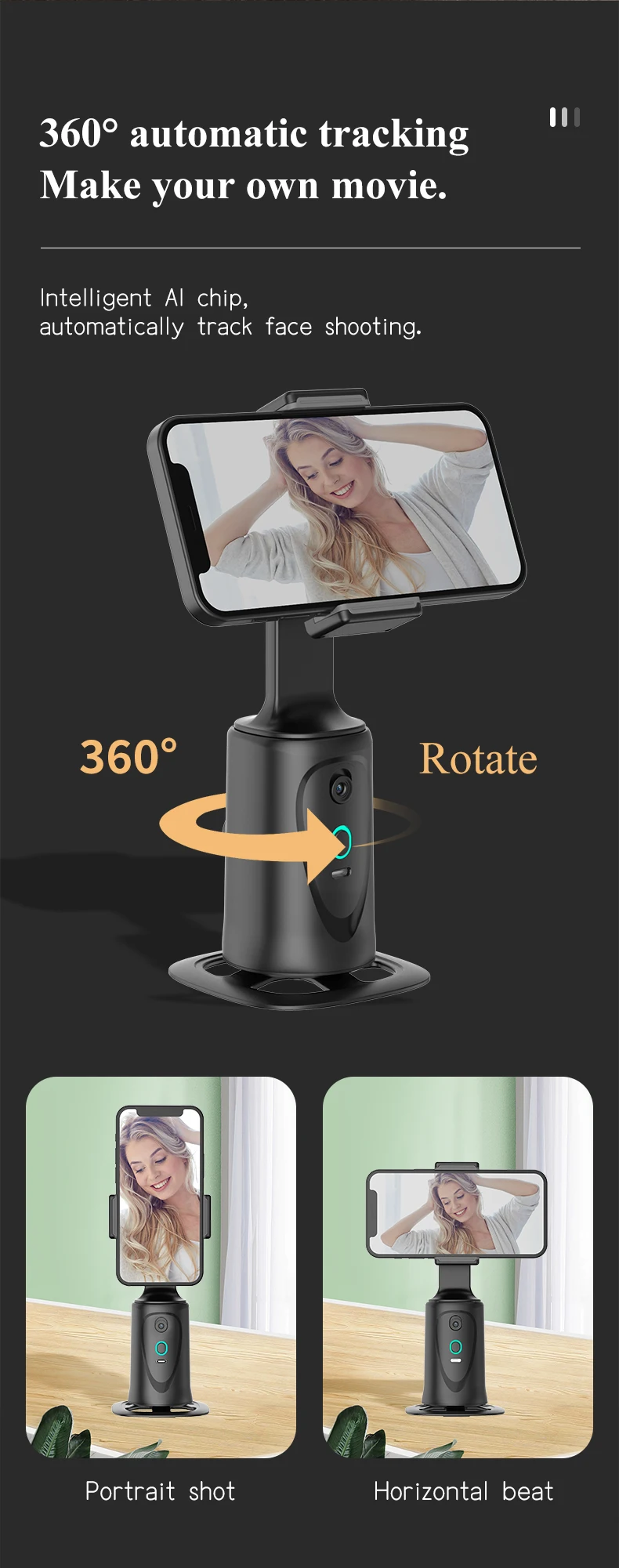 360 Rotation Smart Face Body Tracking Tripod Selfie Mount