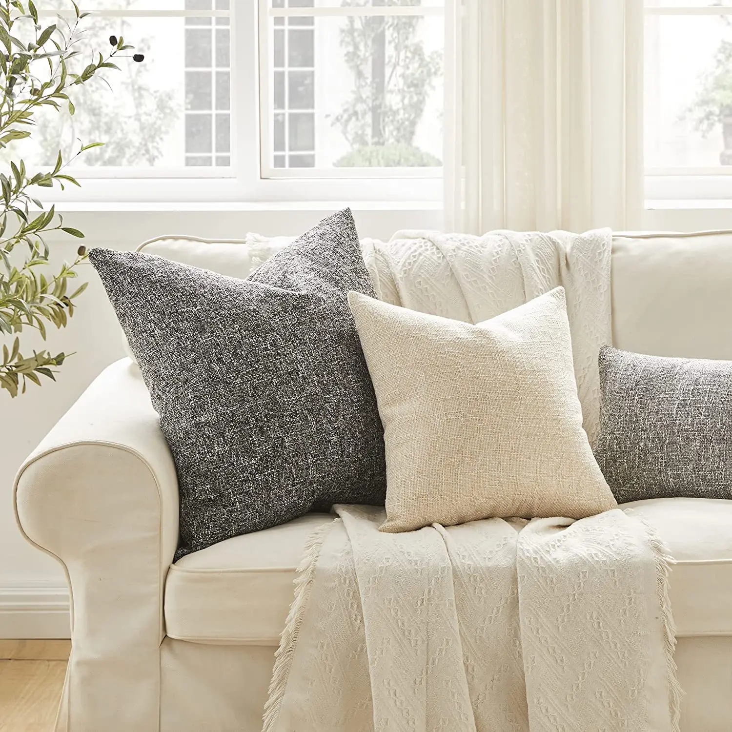 Farmhouse Rustic Solid Color Cotton Linen Sofa Couch Decorative Pillow ...