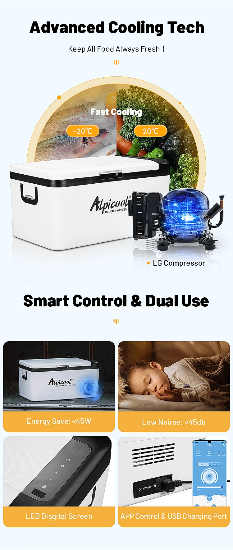 K35 12V Rechargeable Battery Car Fridge Freezer USB Dual Use