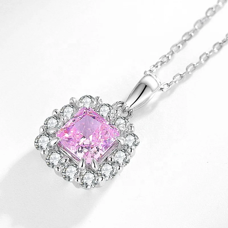 High Quality Real Silver Pink Square Crystal Cubic Zirconia Pendant ...
