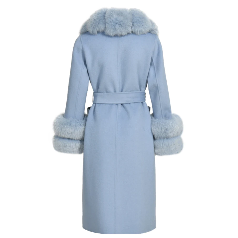 Elegant Long Style Fashion Luxury Big Fox Fur Collar Wool Coat Trench ...