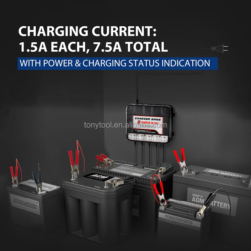 5-bank Smart Battery Charger - 6V/12V 10A Automatic Car Maintainer