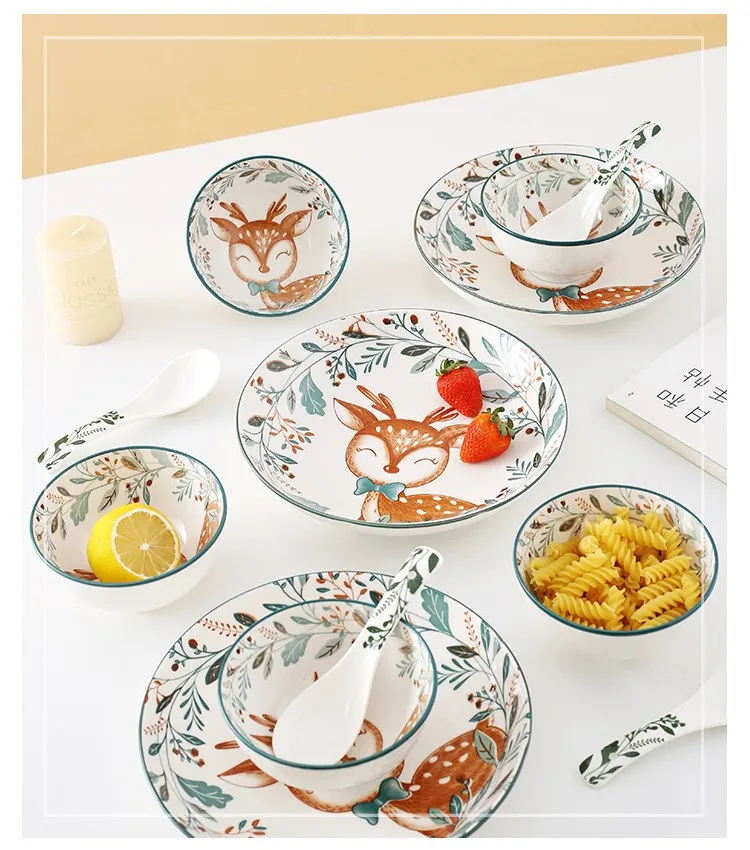 Cute Deer Ceramic Tableware Set Ceramic Dinnerware Set Bowl Spoon Set ...