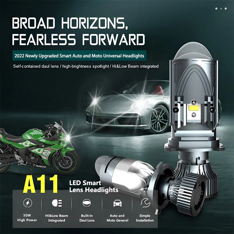 A11 LED H4 Projector Lens - 50W, 6000LM, 50000hrs Lifespan