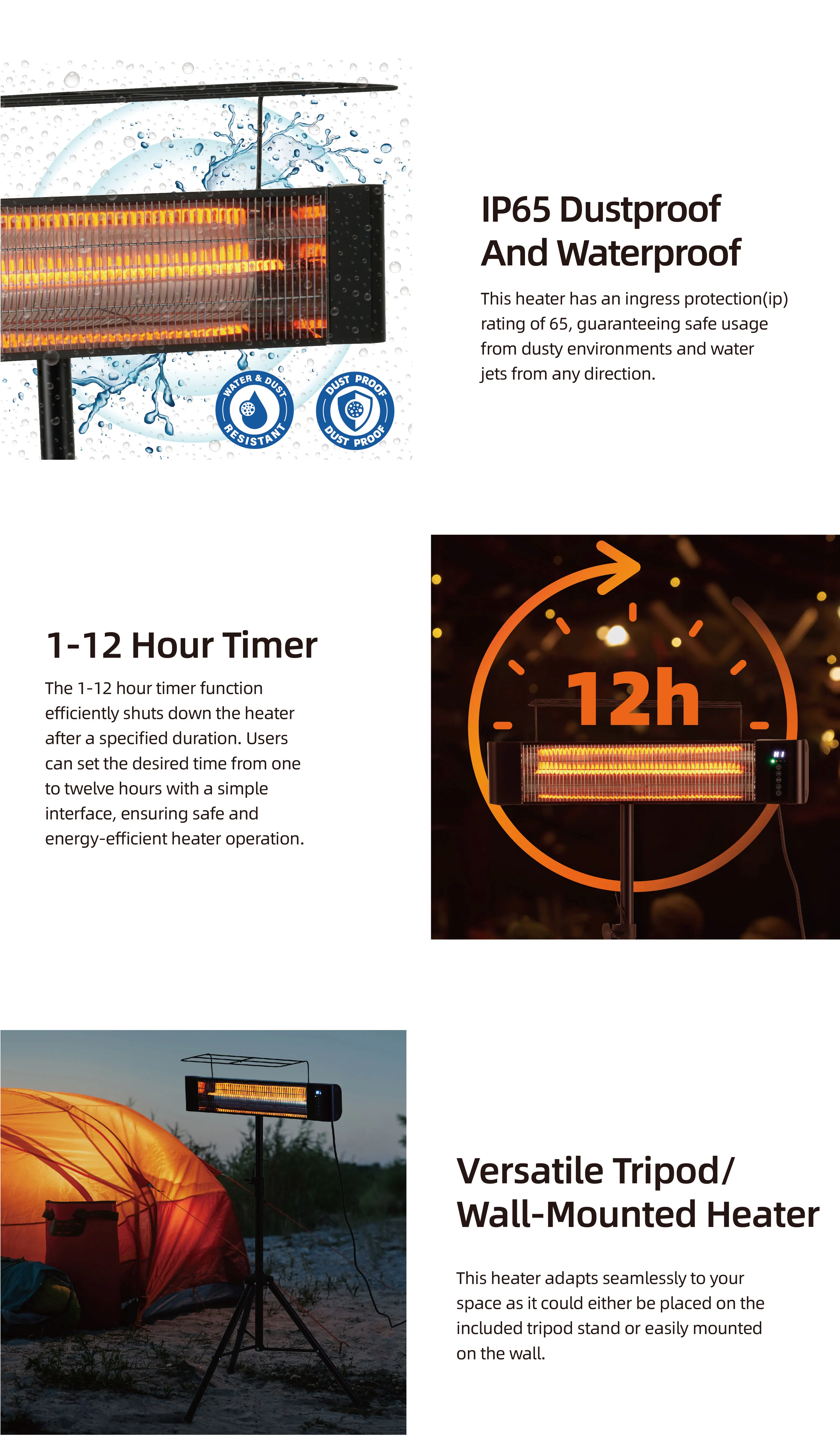 One Year Warranty 1500w 12 Hour Timer Air Heating Standing Infrared Wall-mounted Patio Outdoor ...