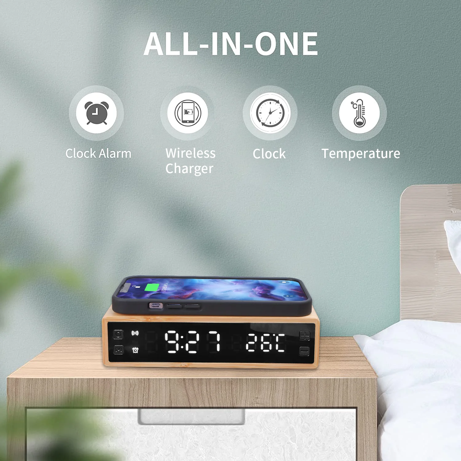 Modern Bamboo Digital Led Desk Alarm Clock Thermometer Wireless Charger ...