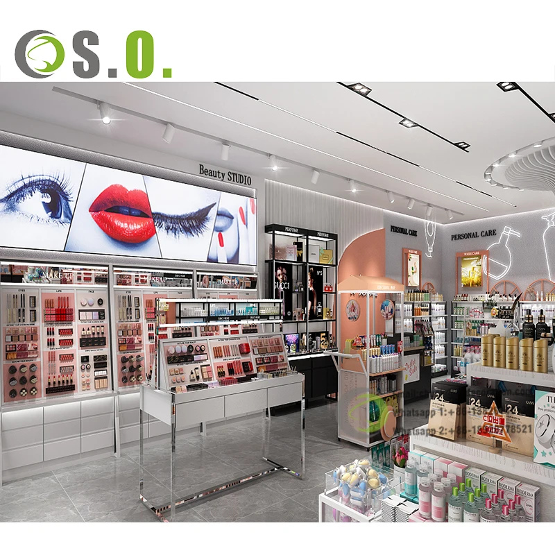 Modern Wood Led Display Cabinet For Cosmetics Shop Fitting With Drawers ...