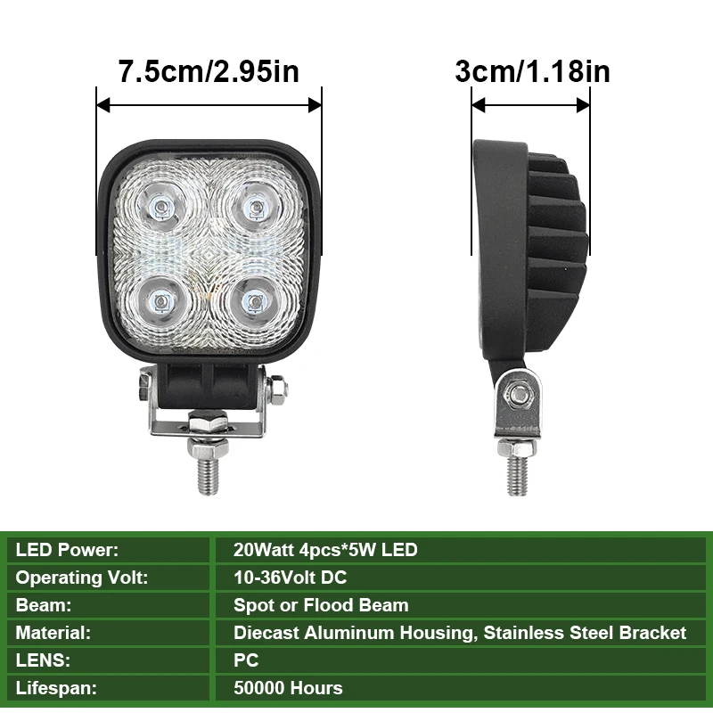 Square Ip67 Waterproof 20w Auto Excavator Tractor Mining Truck Offroad ...