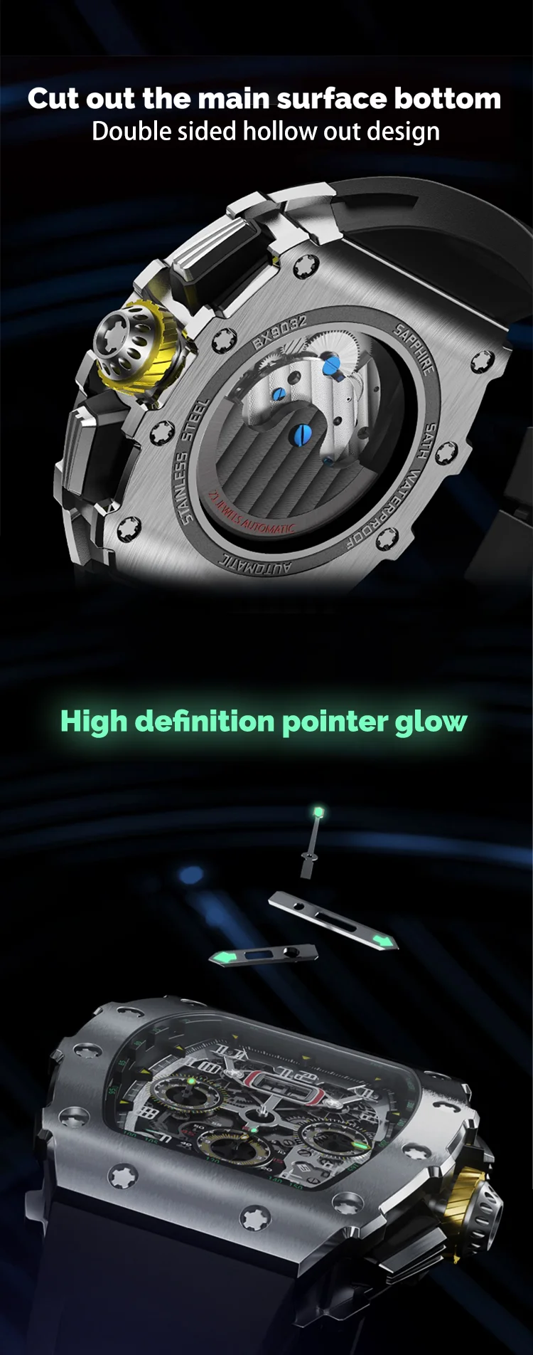 Casual Black Dial Visible Mechanism Wristwatch Luminous Men Watches ...