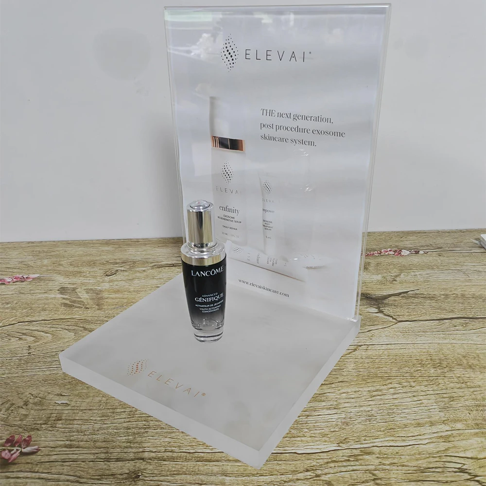 Custom Top Acrylic Cosmetic Display Stand Frosted Logo Base With Insert ...