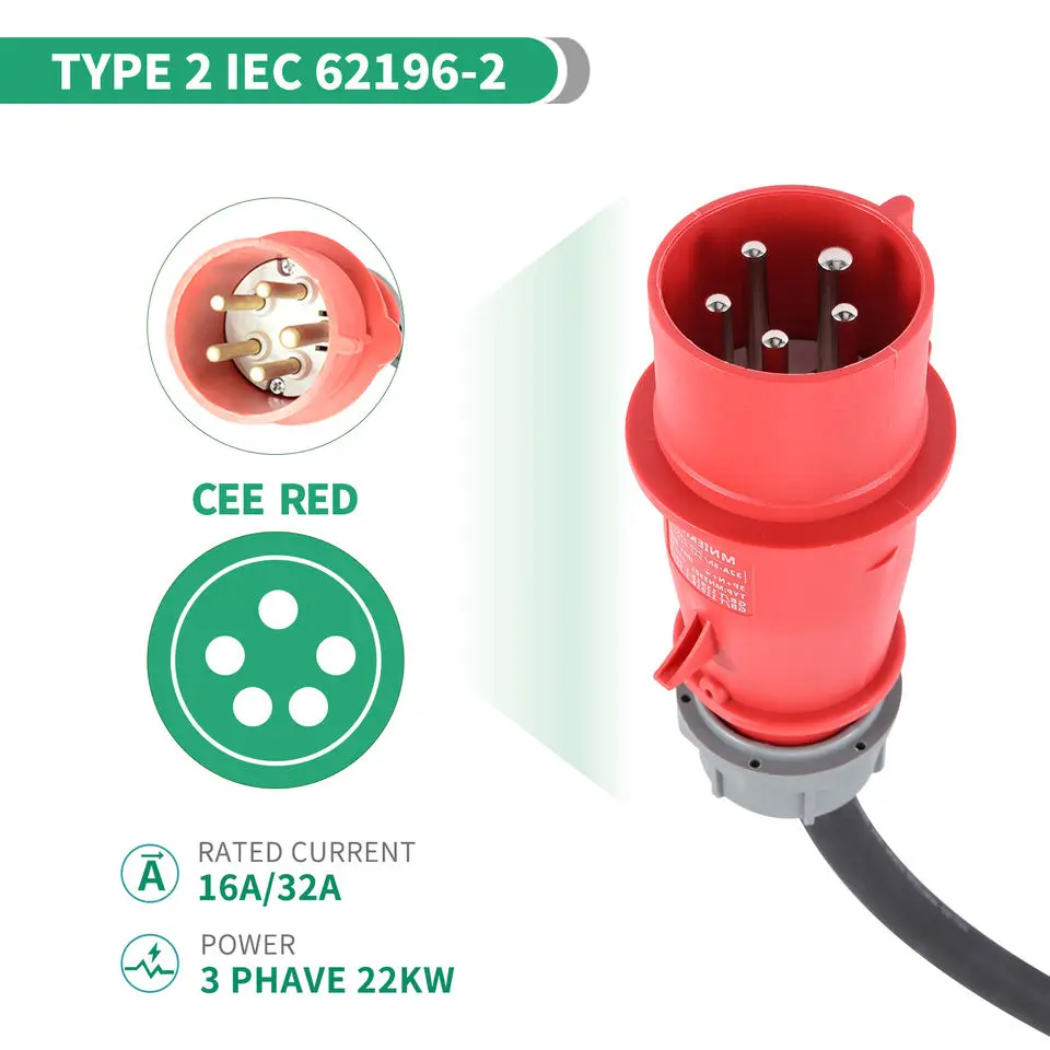 Red Cee 22kw Portable Ev Charger Type 2 To Red Cee 380v Iec 62196 Evse ...