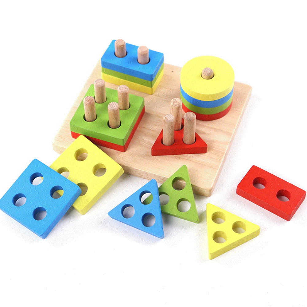 Wooden Four Sets Of Column Blocks Geometric Intelligence Board Children ...