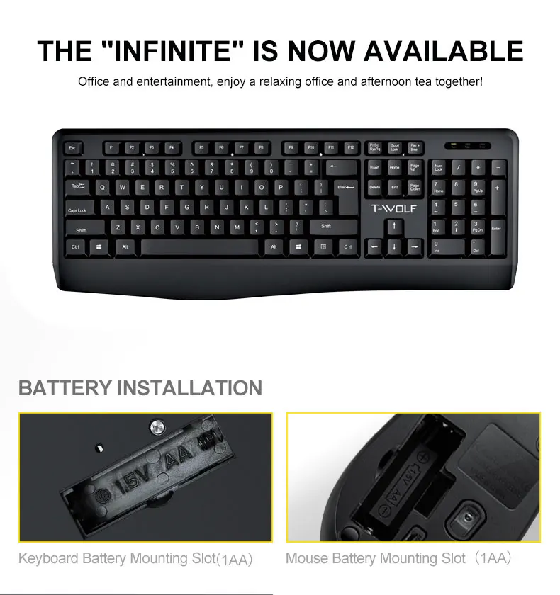 TWOLF TF100 - Ergonomic 2.4ghz Optical Cordless Keyboard & Mouse