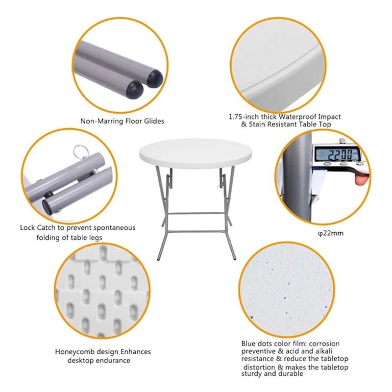 32 Inch Round Folding Table For Outdoor Indoor Lightweight Foldable Table With Thick Table Top ...