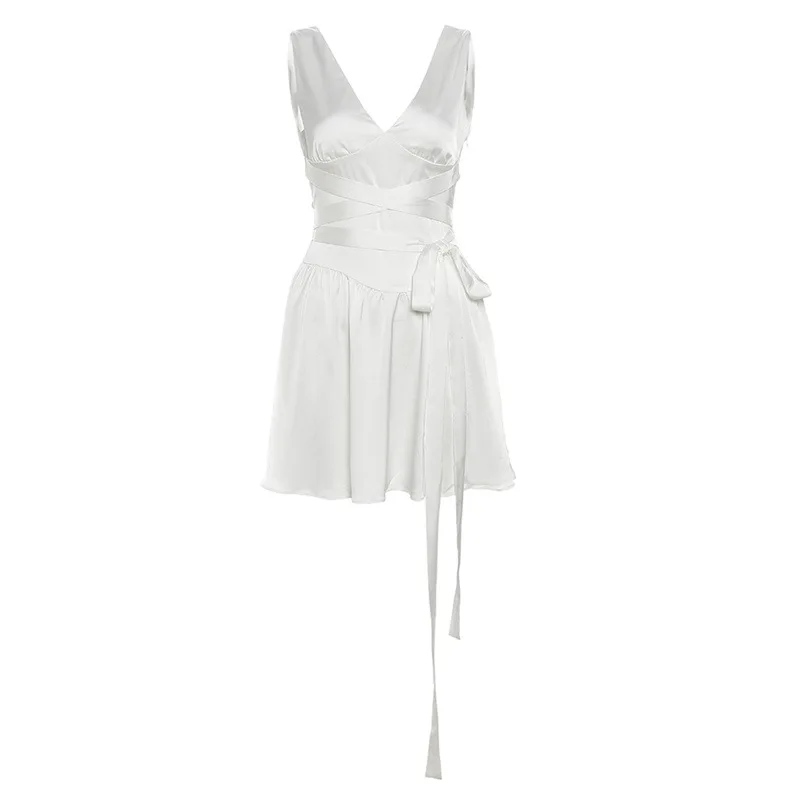 2023 Sexy V-neck Backless White Solid A-line Mini White Short Backless ...