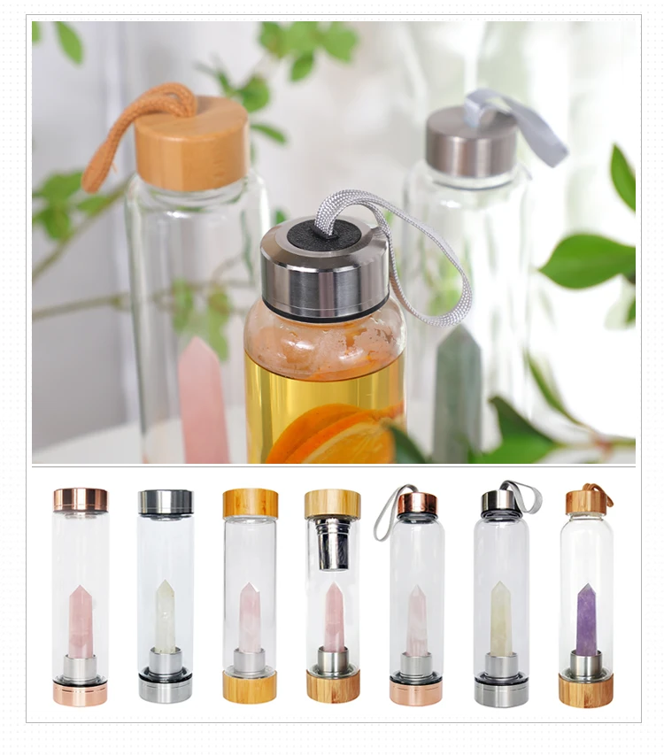 Eco Friendly Crystal Infused Glass Water Bottle Rose Quartz Chip ...