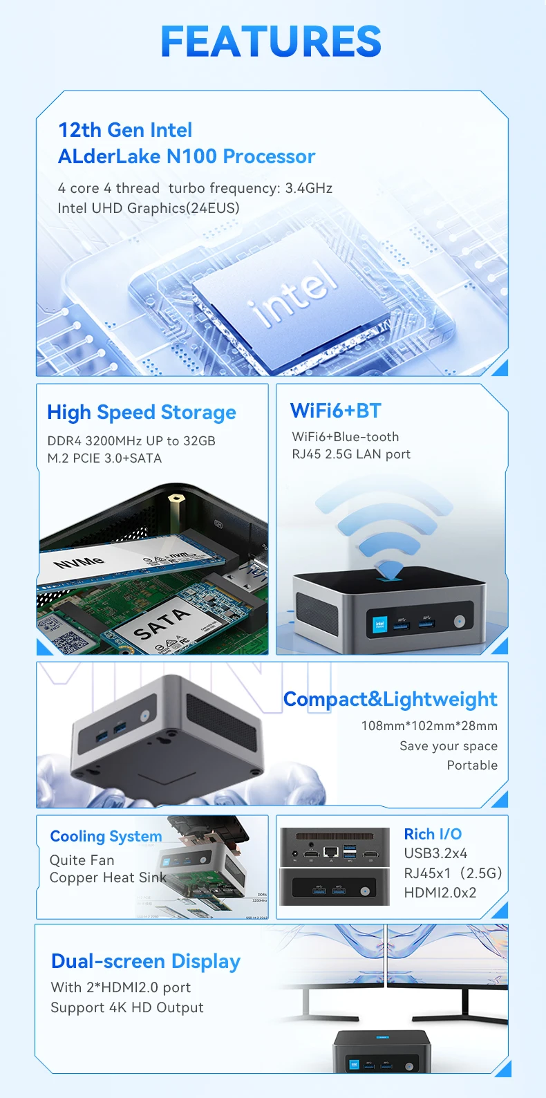 Intel N100 Minipc With 4k Display & 2.5g Lan, Win10/linux Mini Pc