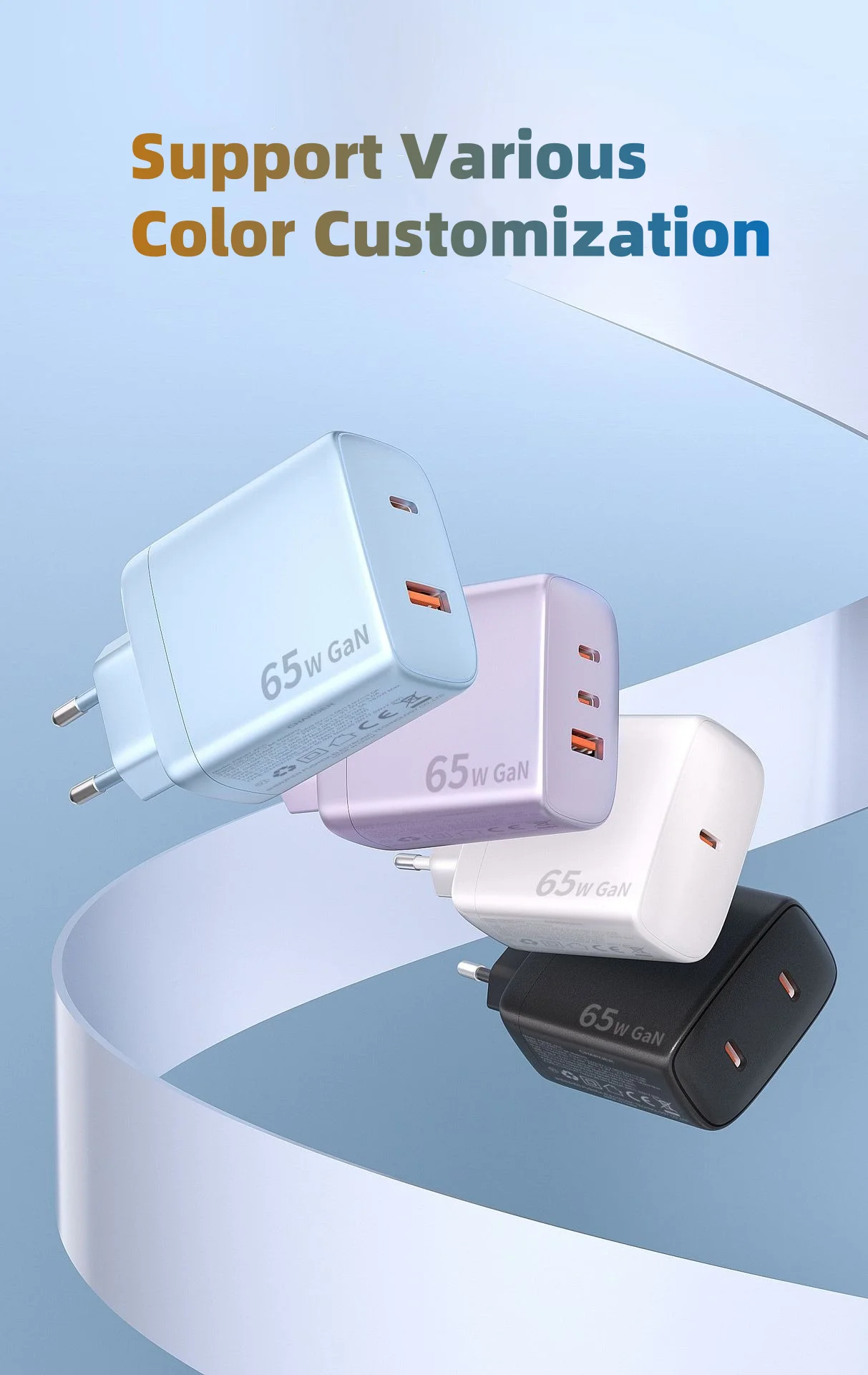 Compact 65W 67W 20V 3.35A 2C1A Fast Charging Wholesale GaN Tech 3-Port Wall Charger CE RoHS ...