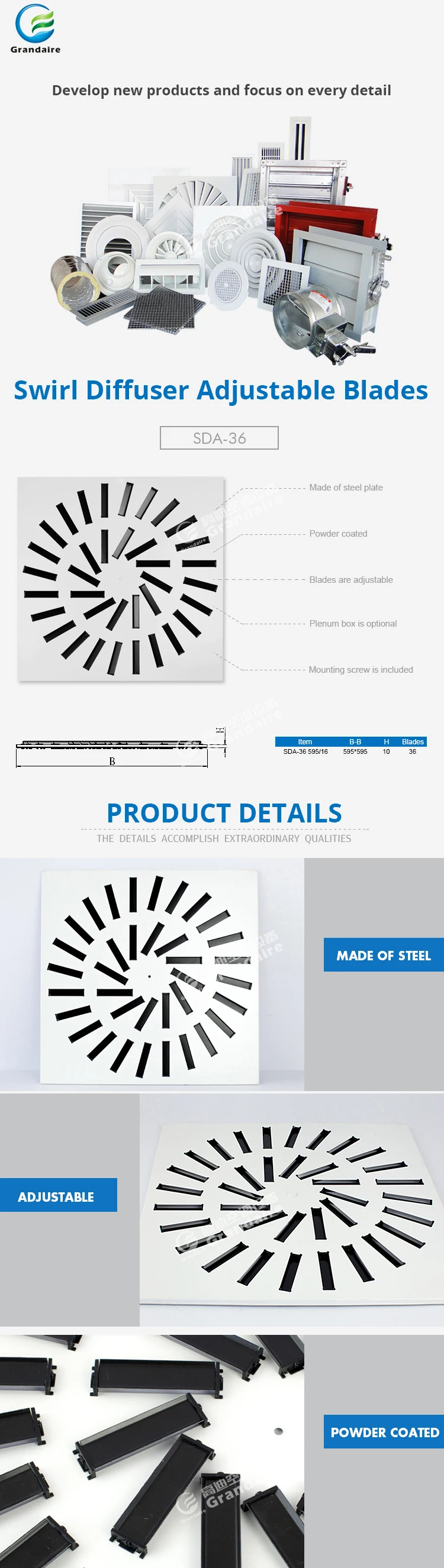 Ventilation Steel Square 36 Blades Adjustable Ceiling Swirl Air ...