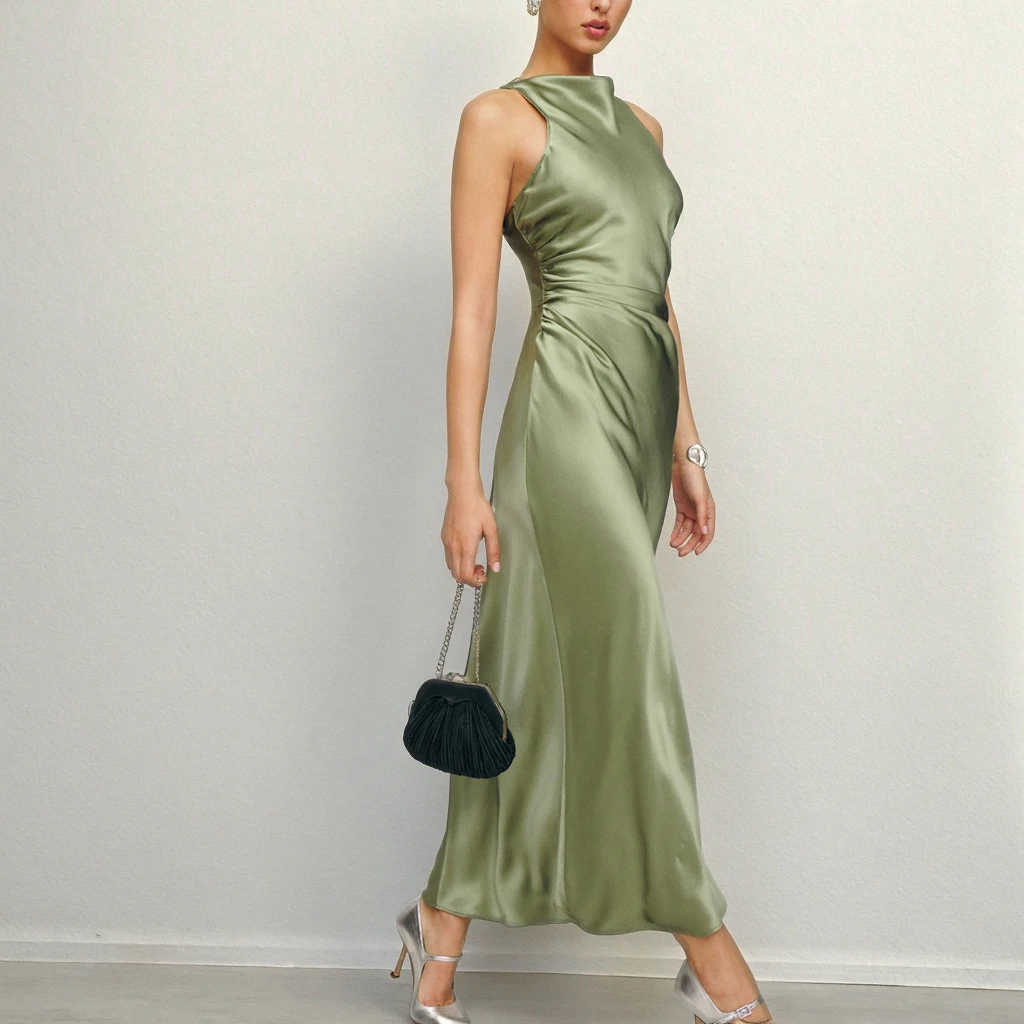 Alibaba.com: Custom Ladies Elegant Sleeveless Green Satin Midi Long ...