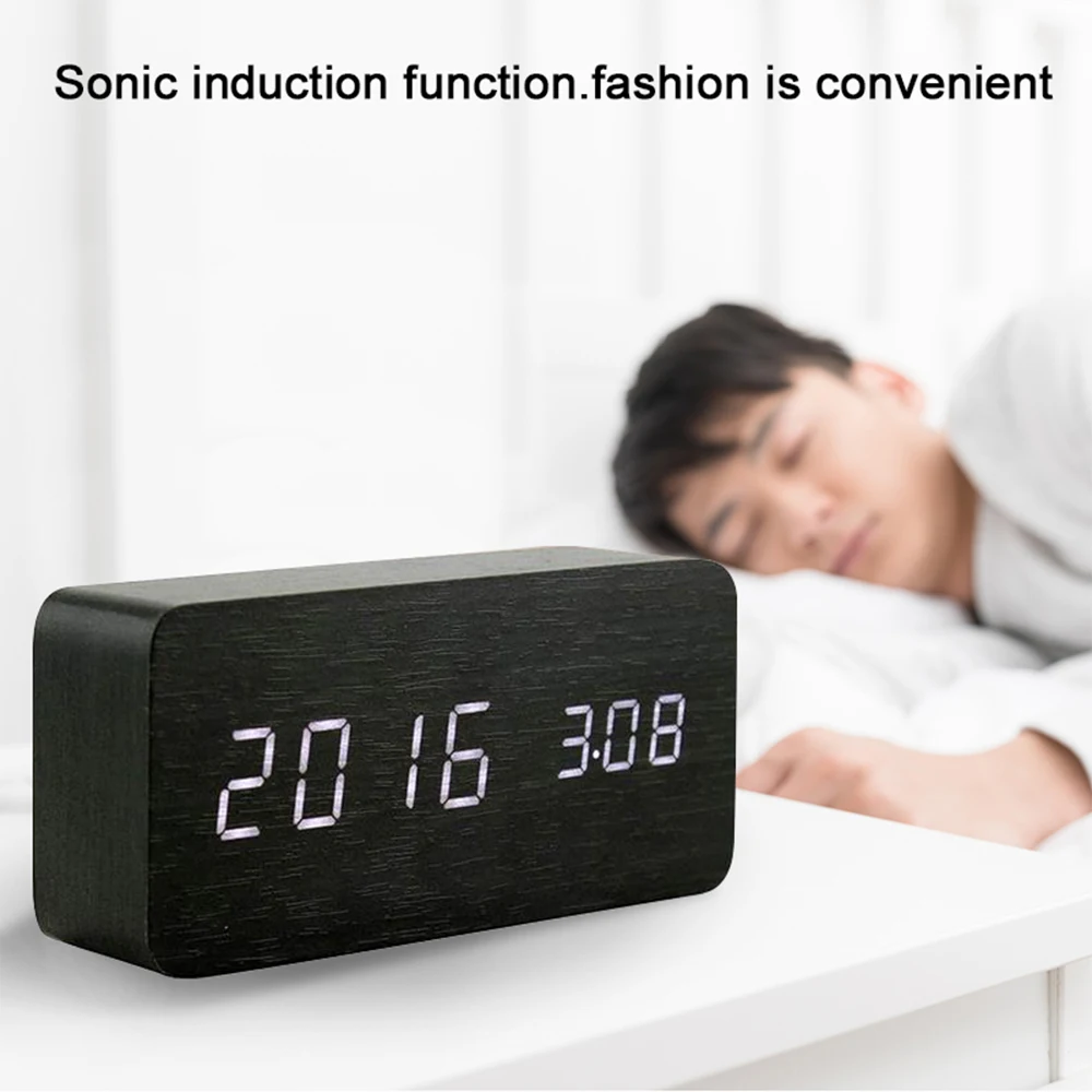 Usb Clocks Led Wooden Alarm Clock Watch Table Voice Control Digital ...