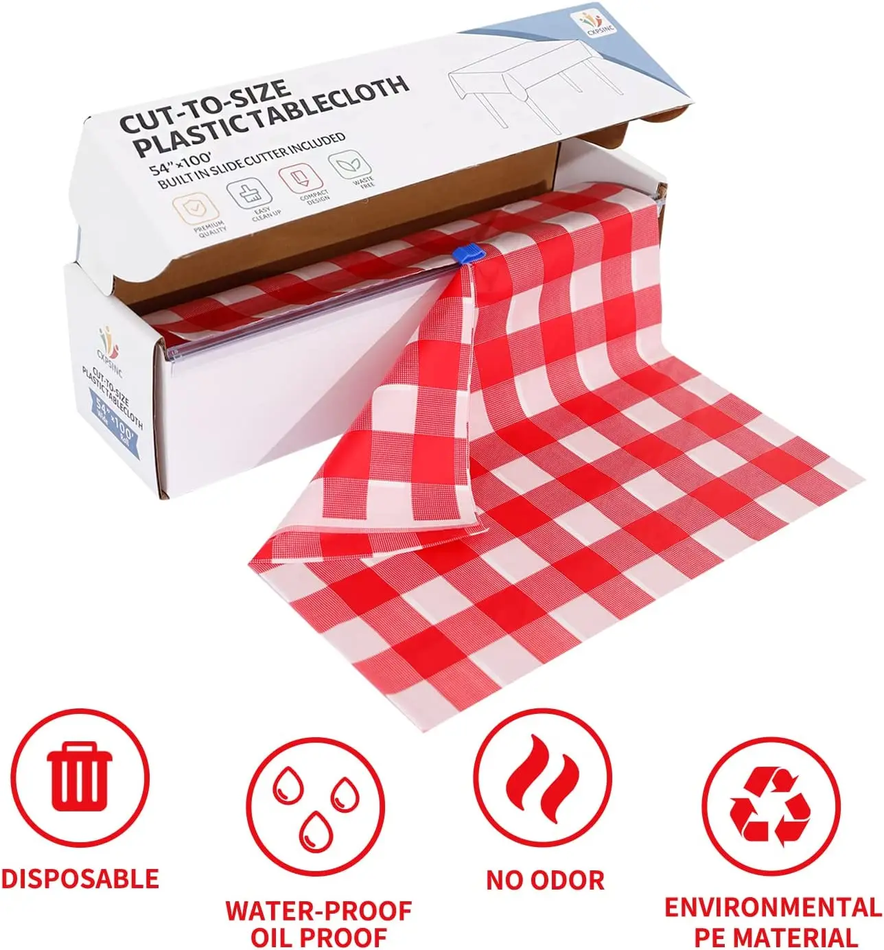 54 Inch X 100 Feet Red Checkered Premium Plastic Disposable Tablecloth ...