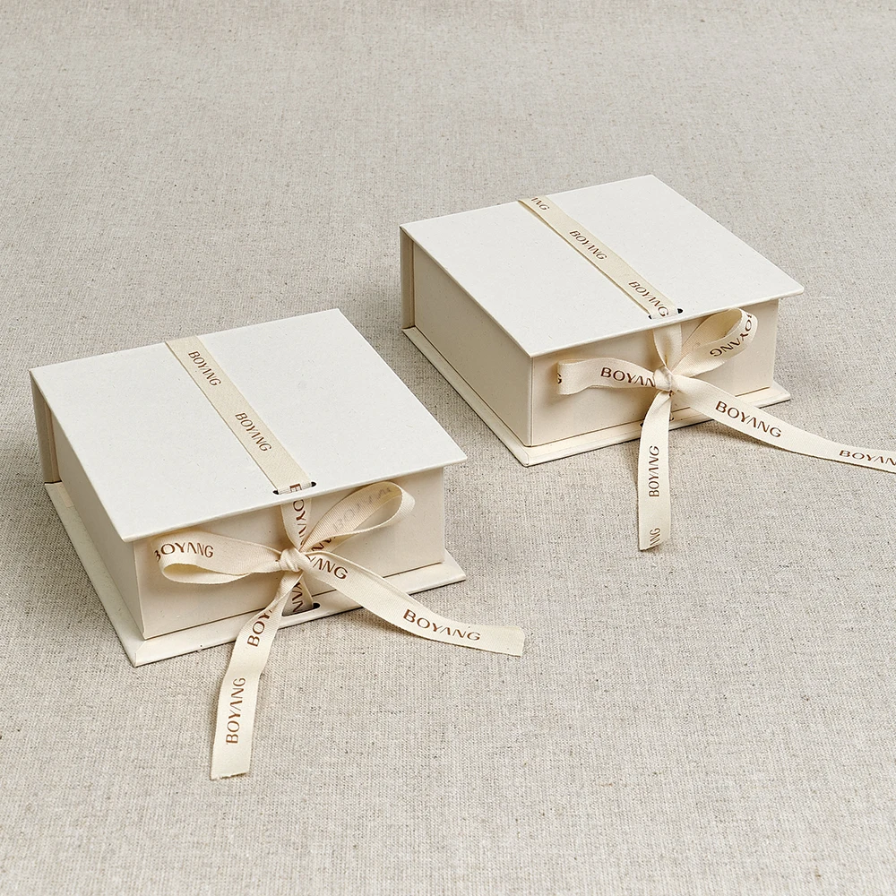 Custom Eco Beige Book Shape Paper Gift Packaging Jewelry Box with Ribbon