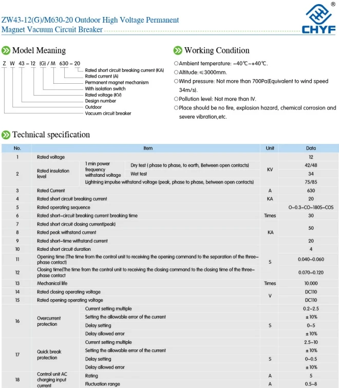 ZW43-12(G)/M630-20 Outdoor High Voltage Permanent Magnet Vacuum Circuit ...