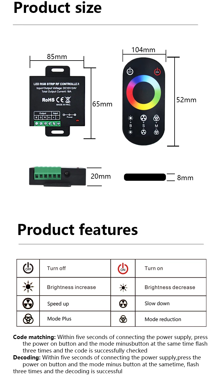 Ultra-thin Touch Rgb Controller Dc12-24v 6a*3ch Ce Rohs 8 Keys Touch ...