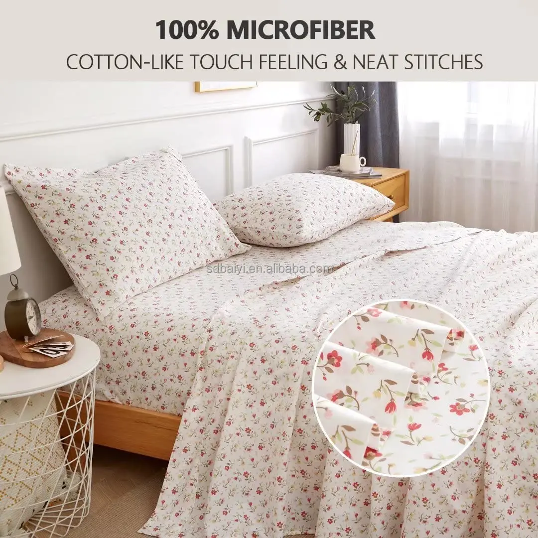 Custom Elegant Small Flower Bedsheet Set Home Textile Microfiber Woven ...