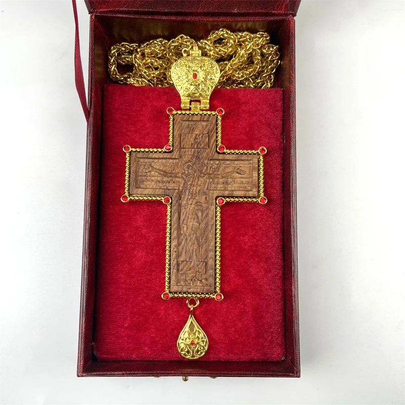 Carved Solid Wood Pectoral Cross Necklace with Gold Plated Chain