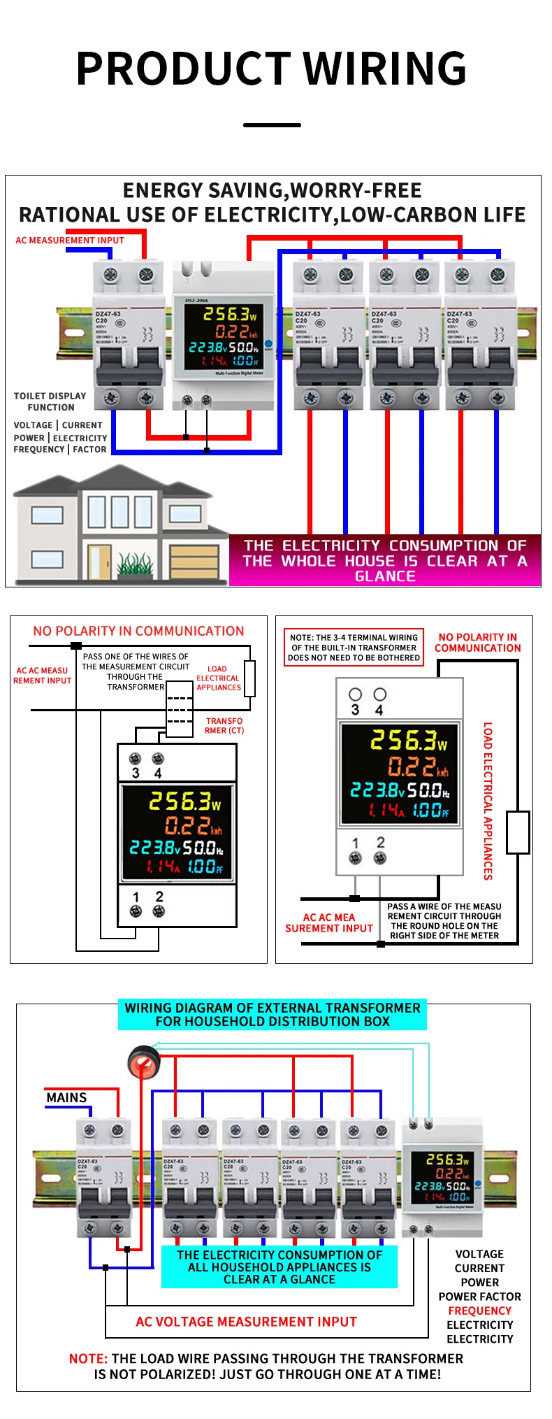 D52-2066 6in1 Display Smart Meter Din Rail Ac Monitor Voltage Current ...