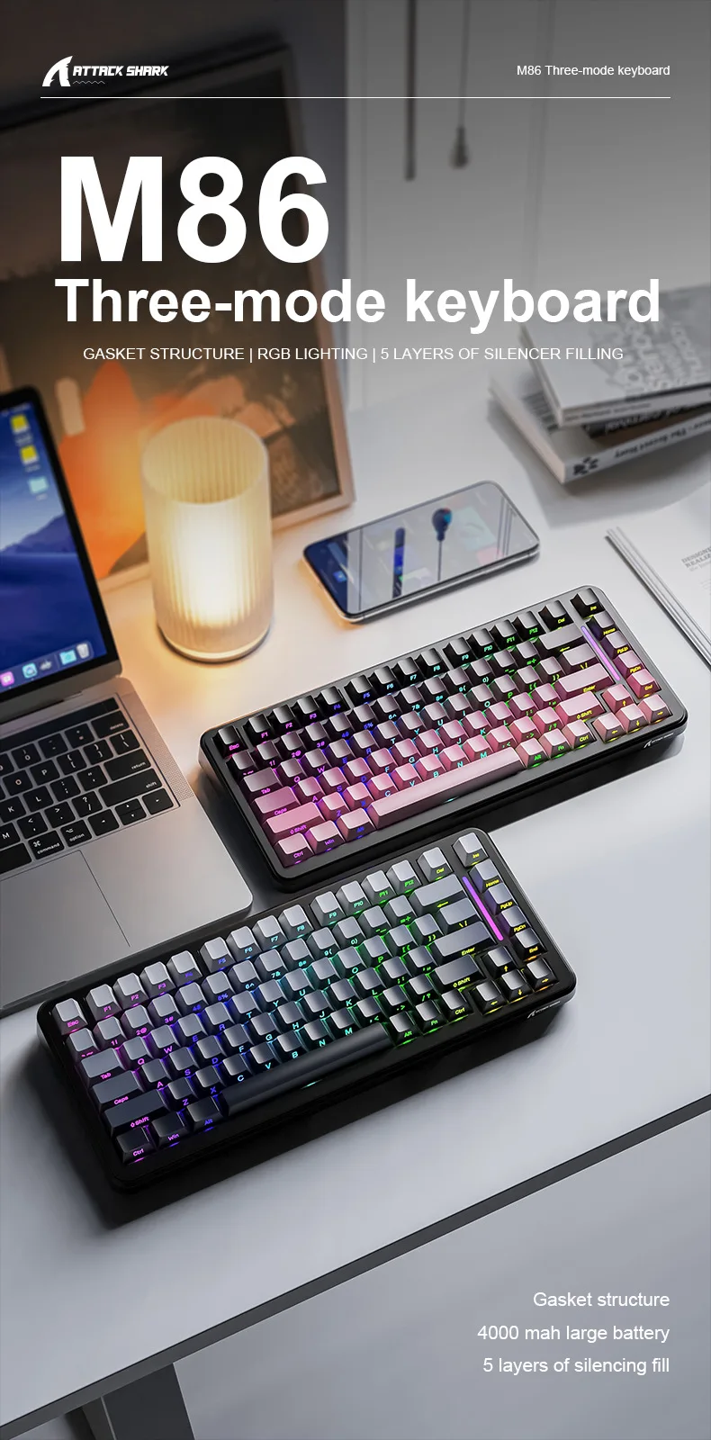 Attack Shark M86 Wireless Mechanical Keyboard BT RGB Three-mode ...