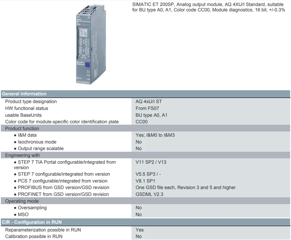 Siemens Simatic Et 200sp Analog Output Module Plc 6es7135 6hd00 0ba1