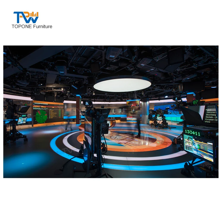 White Curved Reception Desk - Modern Gold Color TV News Desk