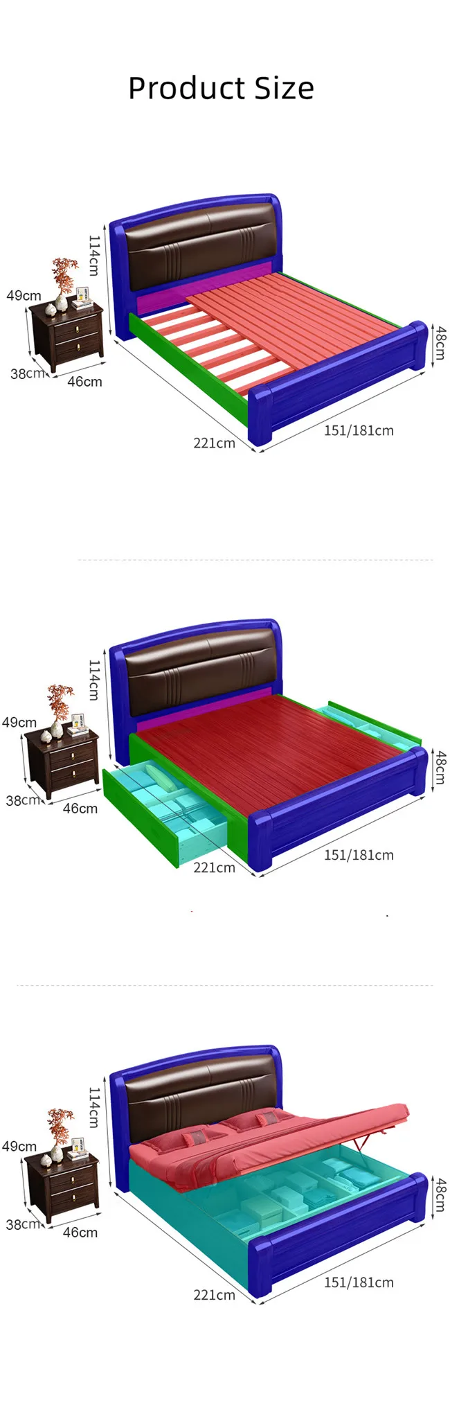 Solid Wood Double Bed 1.8m - Modern Soft Bed with Storage for Bedroom ...