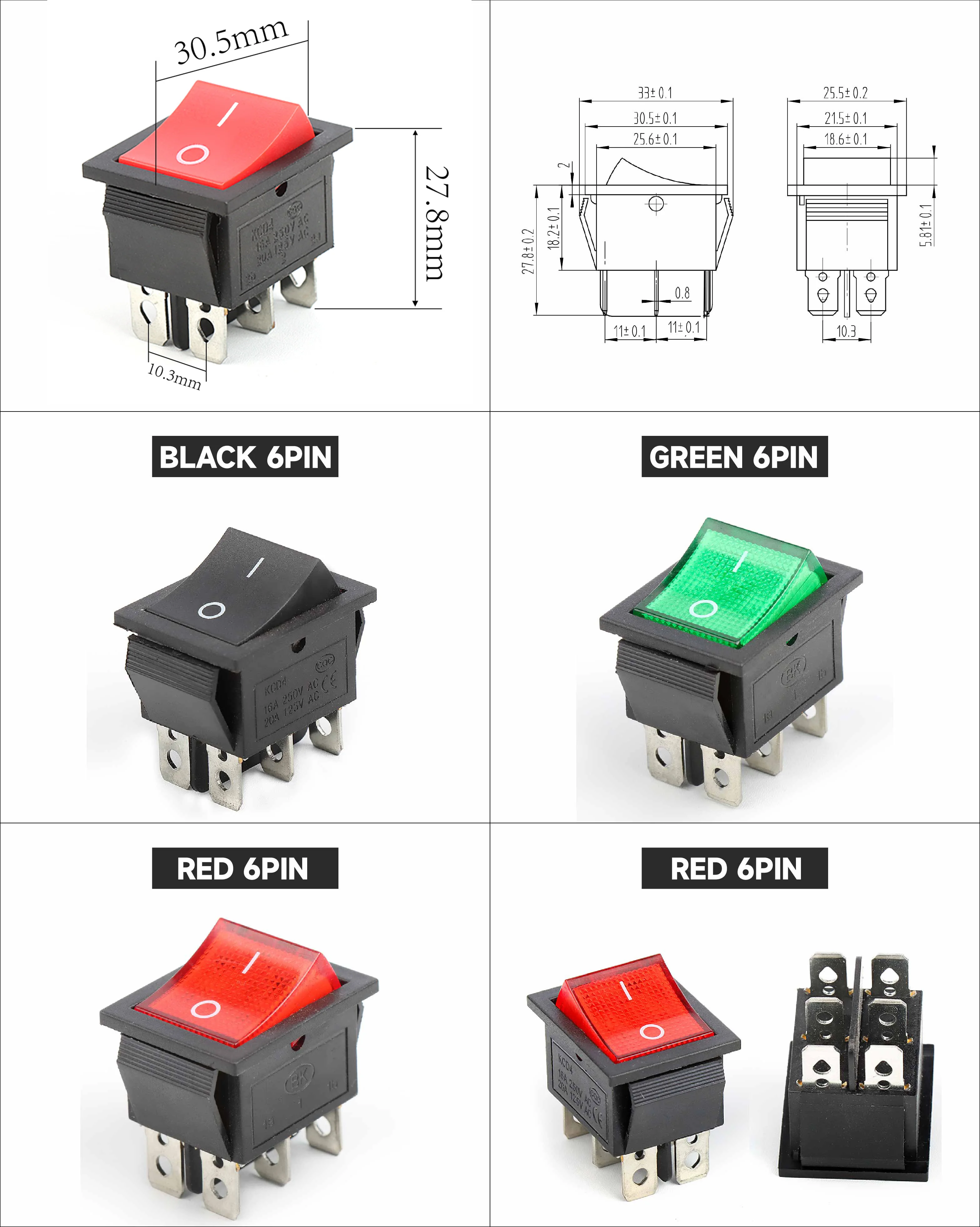 Rocker Switch on off KCD4 6pins 2 Positions Red Green Black Rocker Switches