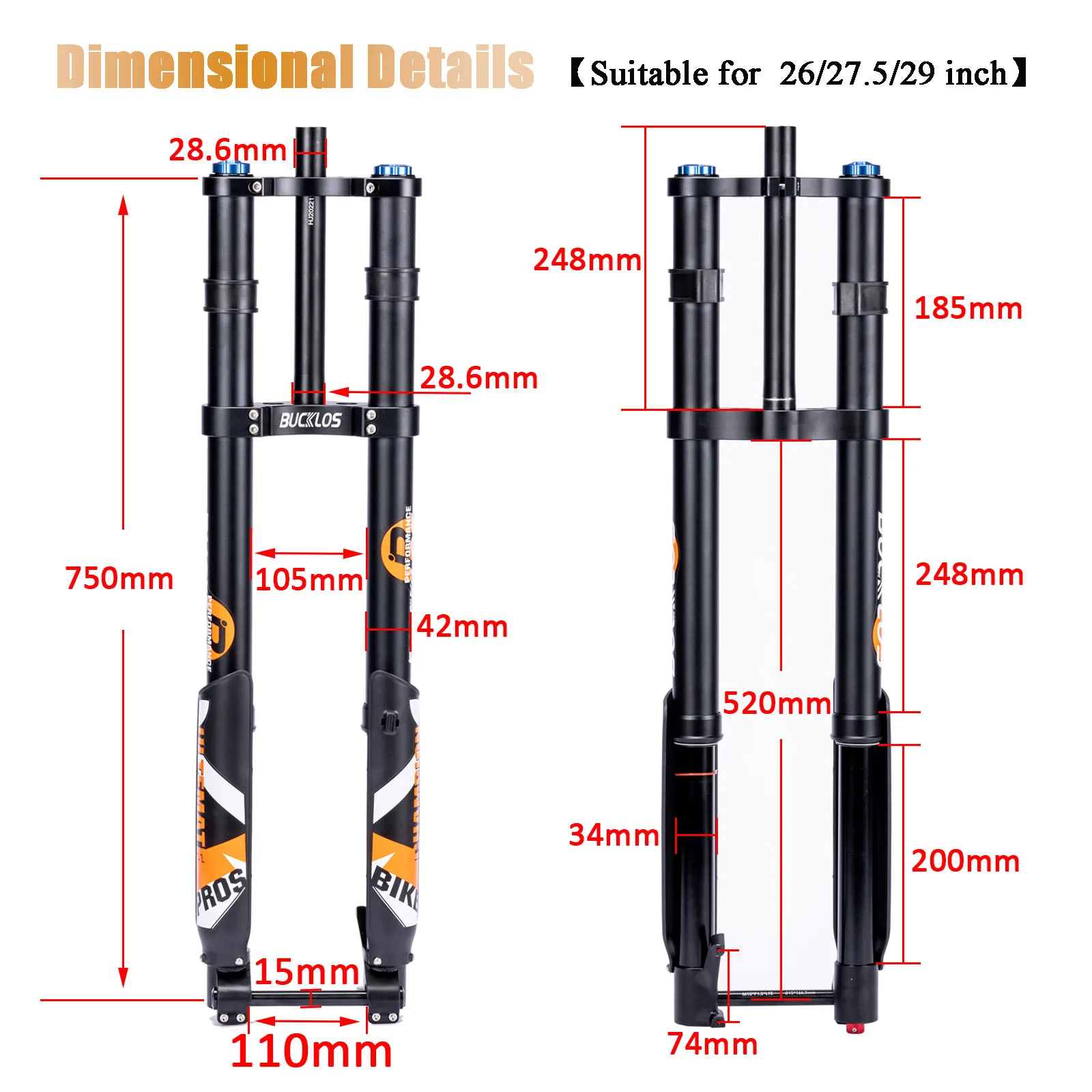 BUCKLOS MTB Fork - 29 Inch, 180mm Travel, Inverted Design