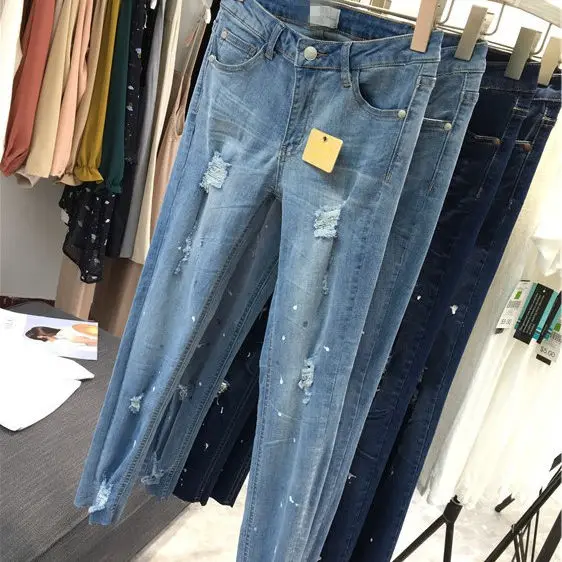 Custom Stock Women's Used Jeans Slim Denim Distressed Skinny Jeans Over ...
