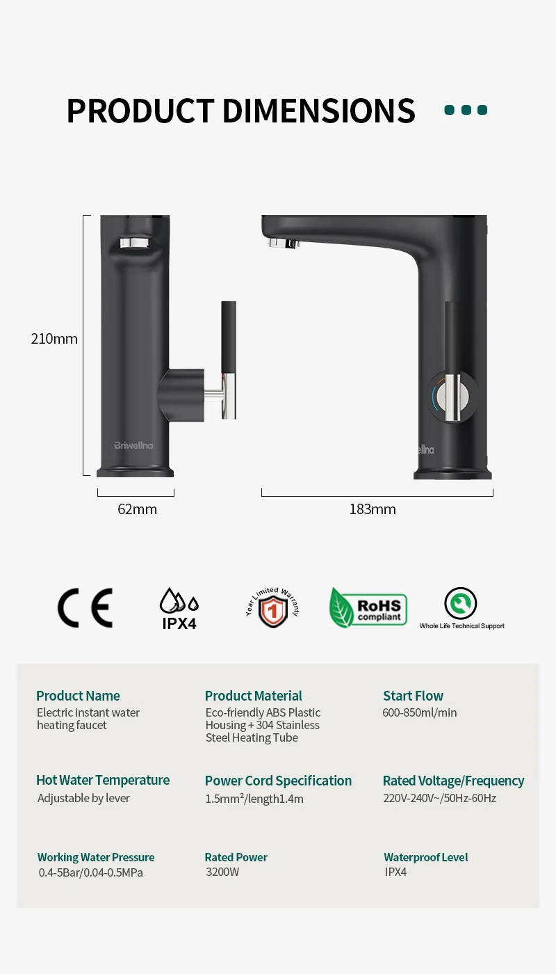 Briwellna 3.2kw Black Color Bathroom Instant Water Heater Faucet ...