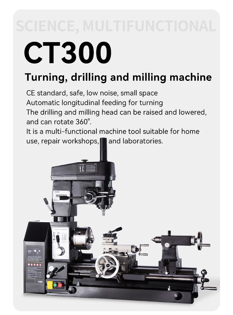 3 in 1 Bench Top Metal Lathe Milling CT300 Combo Machine - 750W, CE/ISO ...