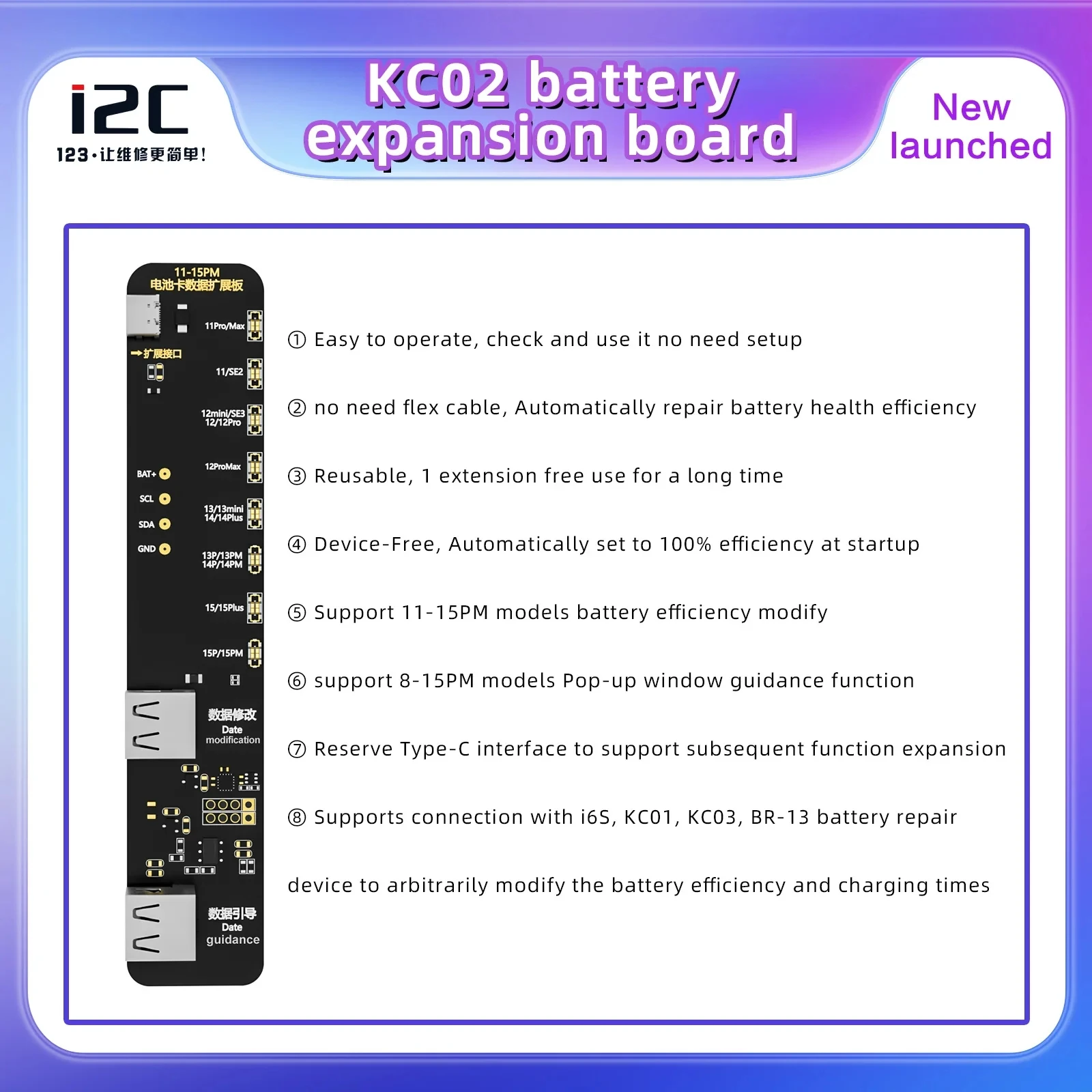I2C KC02 Battery Data Repair Expansion Board for iPhone 11-15Series Battery Efficiency Pop up ...