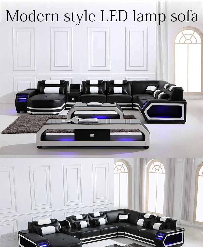 Sofa Set With Led Lights Leather Living Room Furniture U-shaped ...