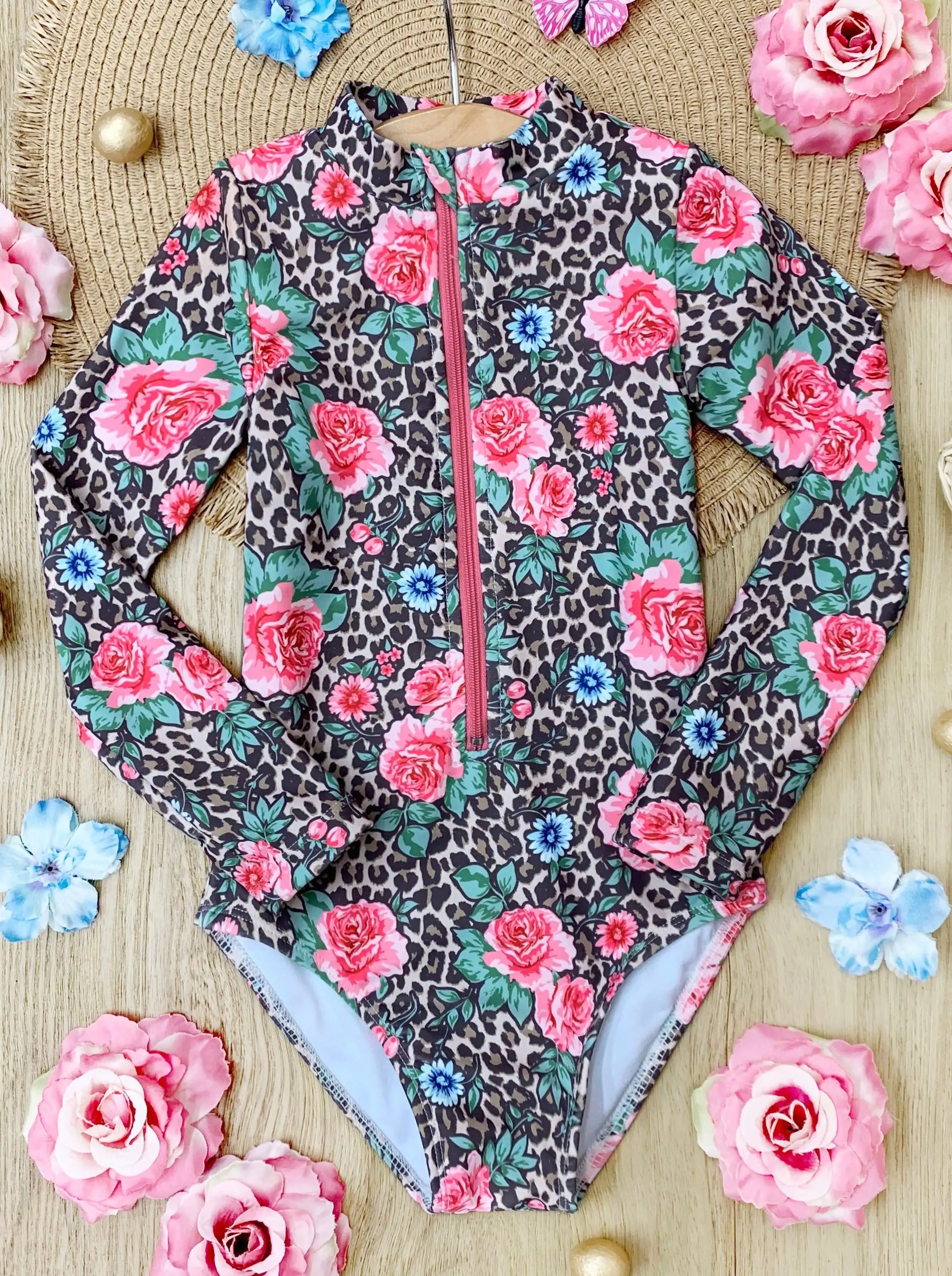 Oem Customize Kids Swimwear Girls Custom Made Leopard Floral Summer ...