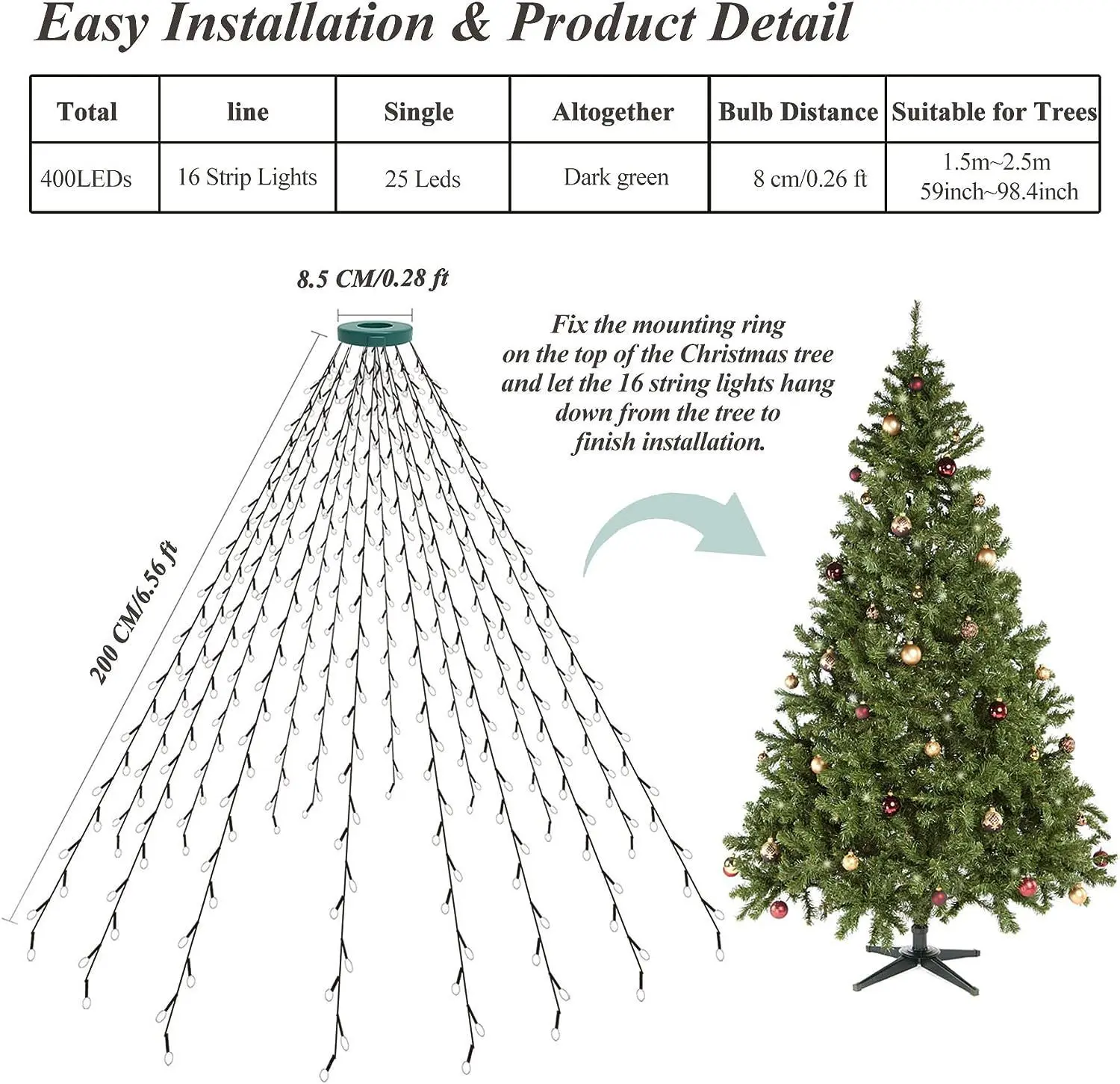 Christmas Tree Lights With Ring Waterfall Top Light Xmas Tree Fairy Lights Indoor Outdoor For ...