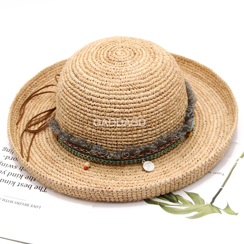 K Casual Style Raffia Straw Hand Crochet Dome Upturned Edge Bucket Hats ...