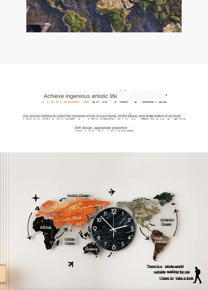 Modern World Map Large Wall Clock for Living Room Luxury