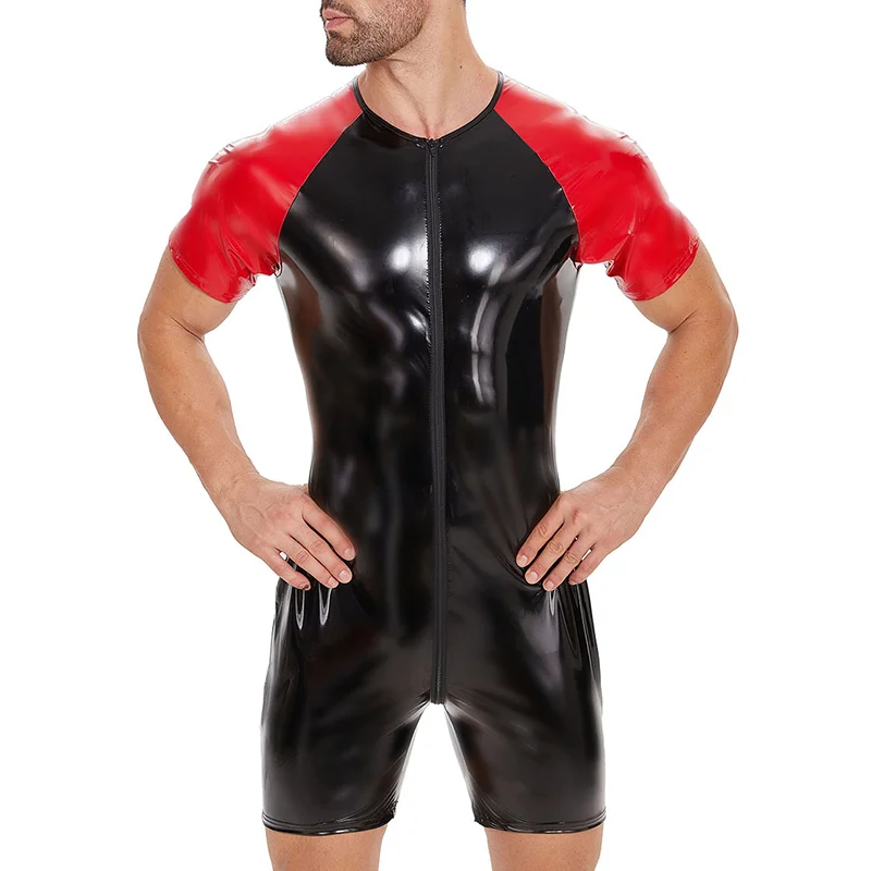 Zipper Sexy Men PVC One Piece Jumpsuit Red Short Sleeve Bright Leather ...